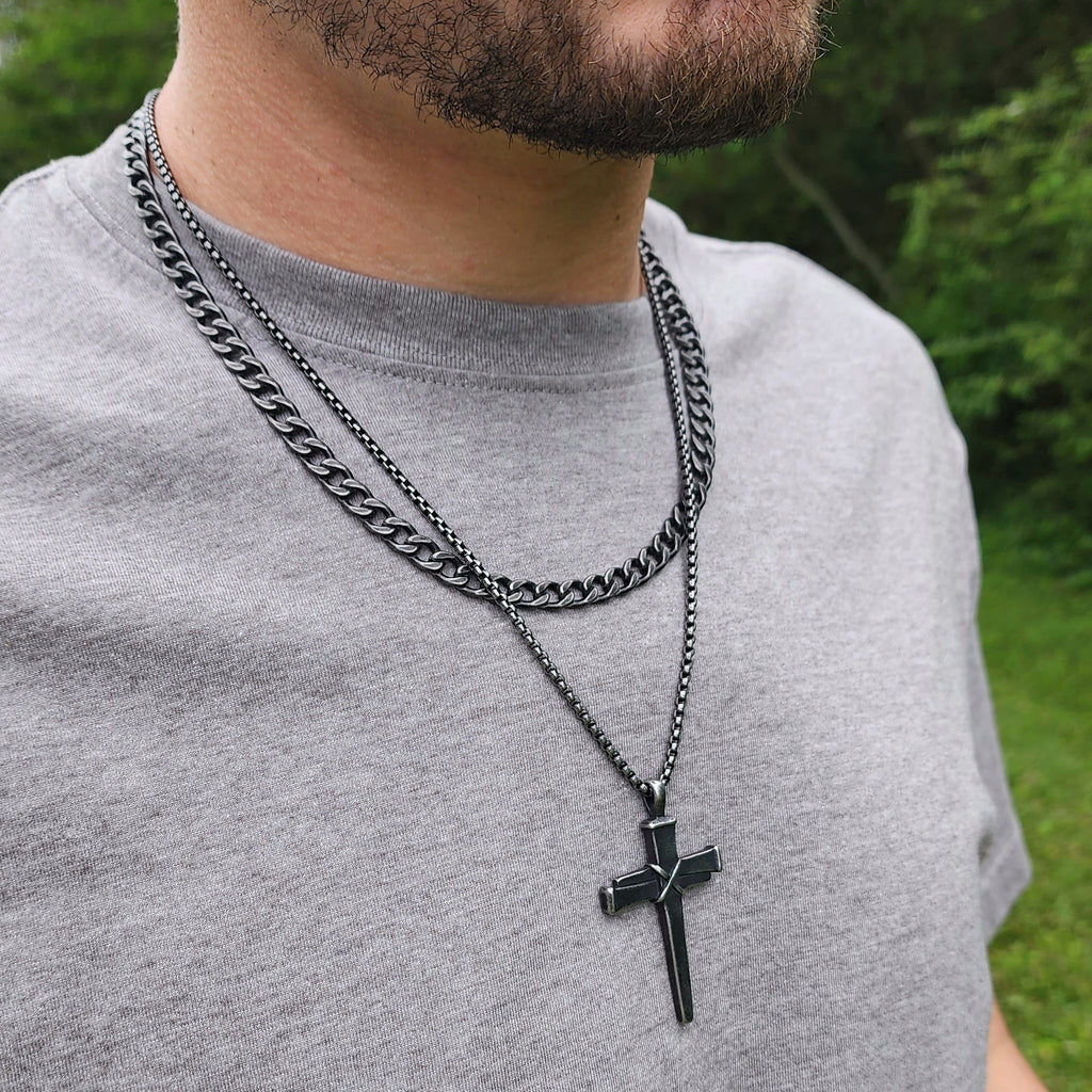 Nail Cross + Nova Set (Aged Black) - Cross Necklace + Cuban Link – Gemvius